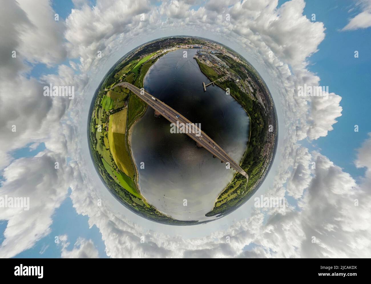 A tiny planet high angle view of the Orwell Bridge near Ipswich ...