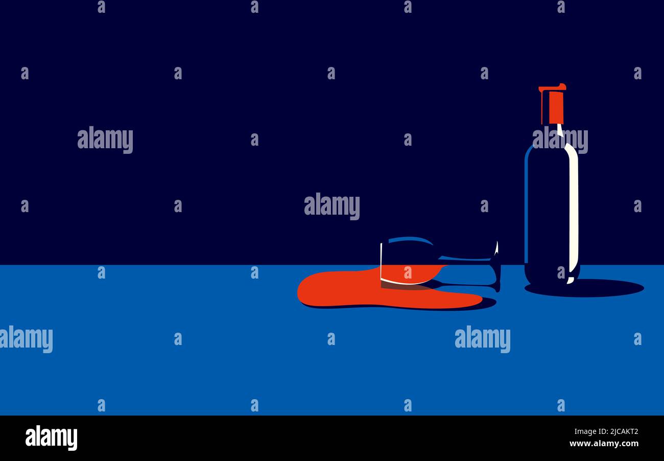 Vector illustration of a bottle of wine and a spilled glass with red ...