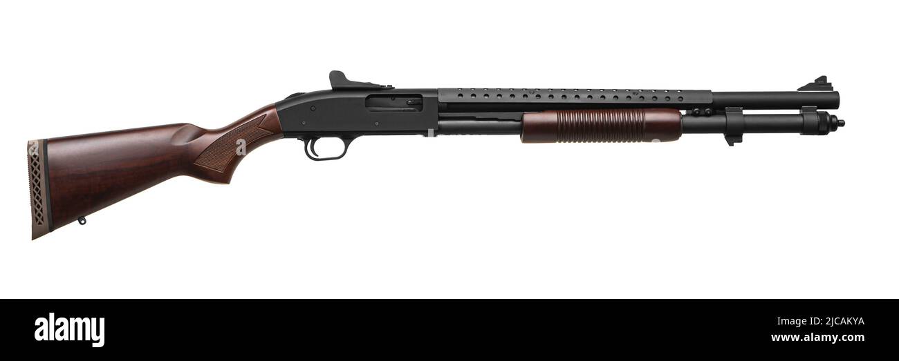 Modern pump-action shotgun with a wooden butt and fore-end isolate on a ...