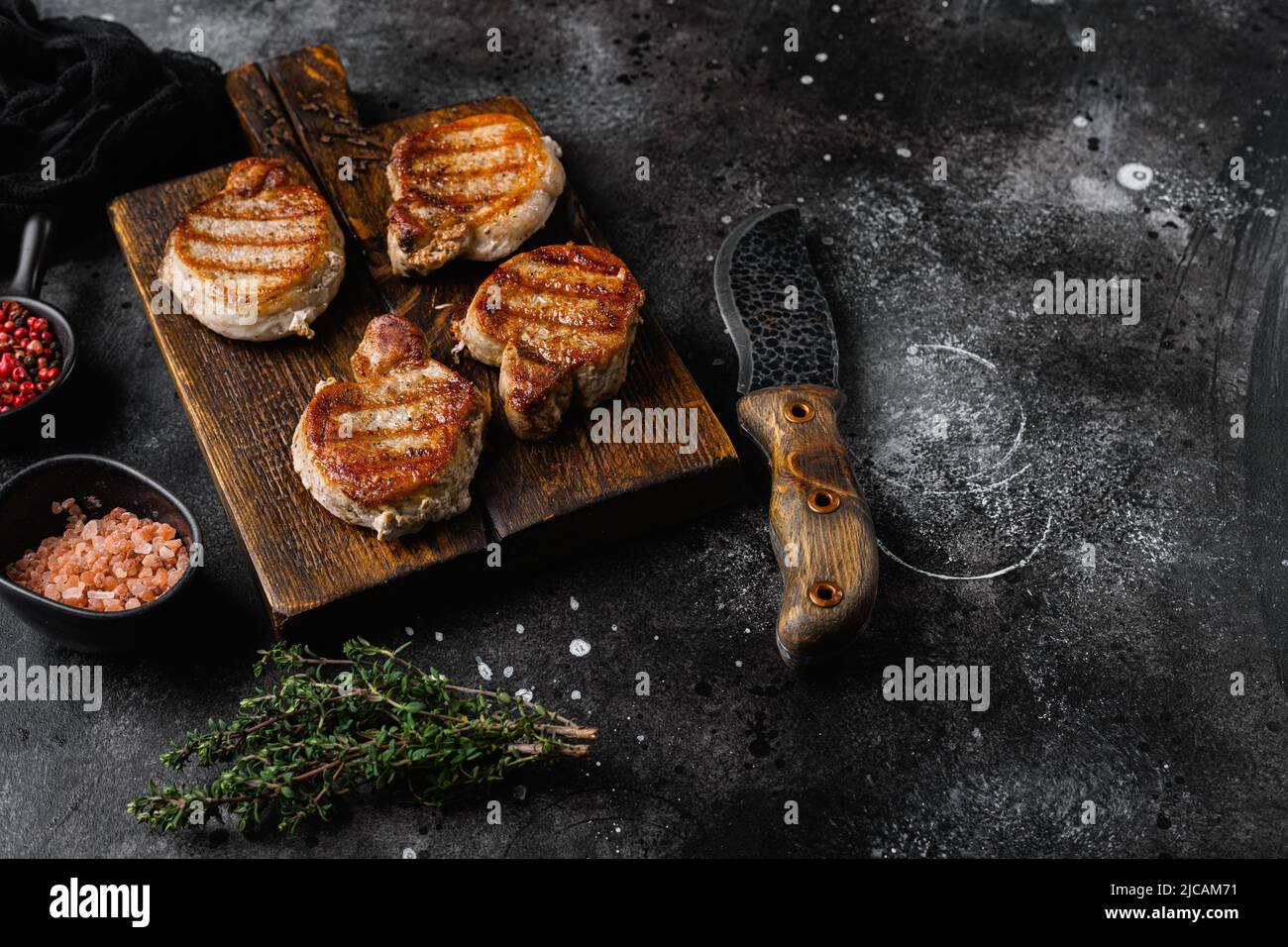 Grilled pork fillet meat set, on black dark stone table background ...