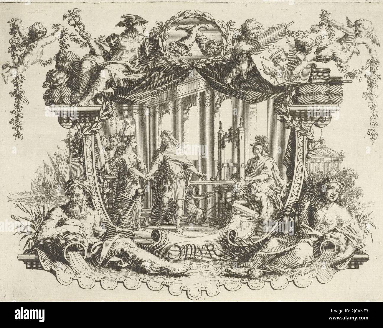 An allegorical figure sits at the loom and is assisted by a putto with ...