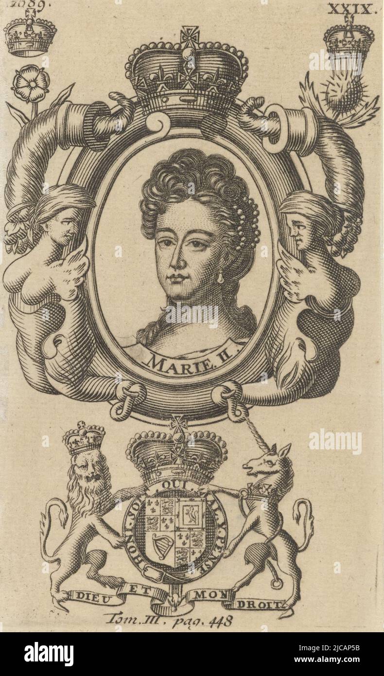 Portrait of Mary II in an ornamented oval with border lettering Around ...