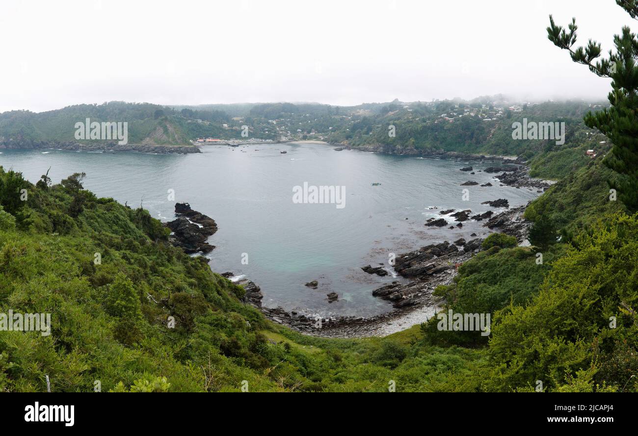 Panorama of bay on Pacific coast of Chile from coastal cliffs of Bahia ...