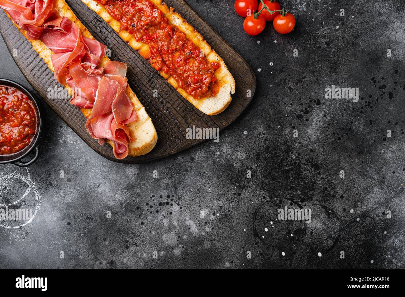 Spanish tomato and jamon toast, traditional breakfast set, on black ...