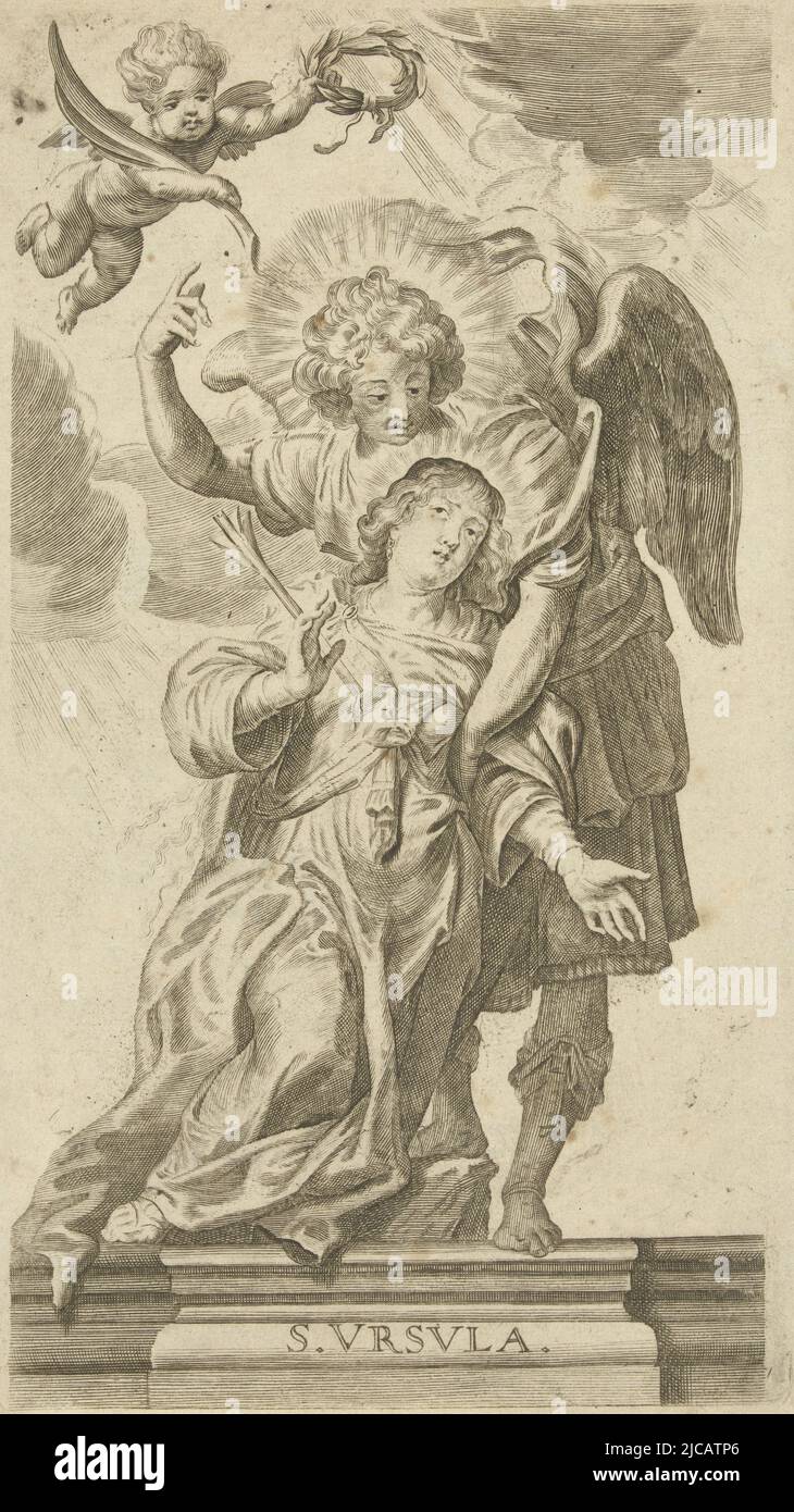 Martyrdom of Saint Ursula with arrow in chest and supported by angel S ...