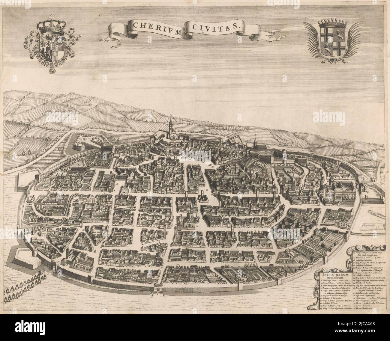Map of Chieri in bird's eye view Top left the coat of arms of the Duke ...