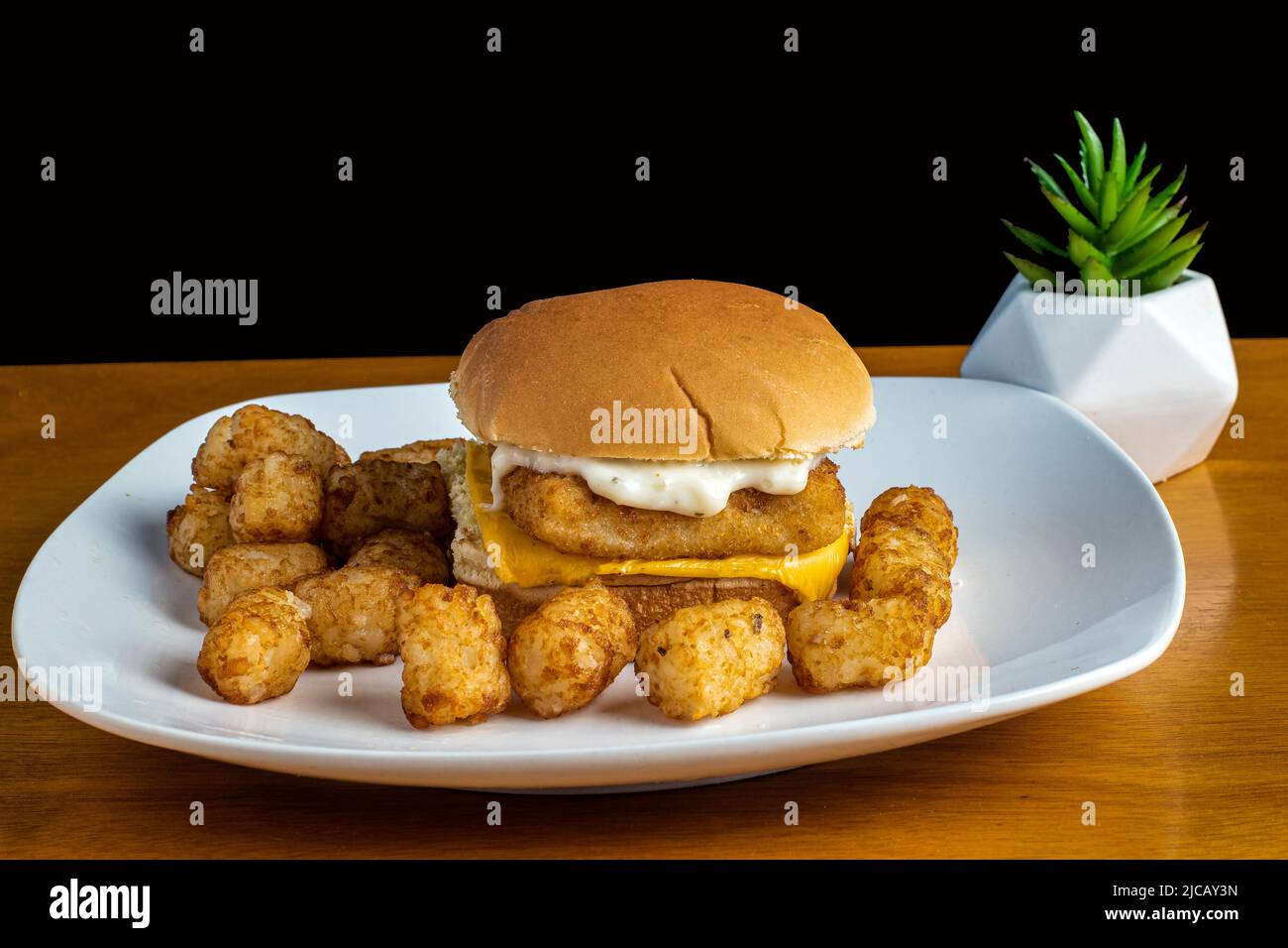 fish fillet sandwich served with a side of tater tots Stock Photo - Alamy