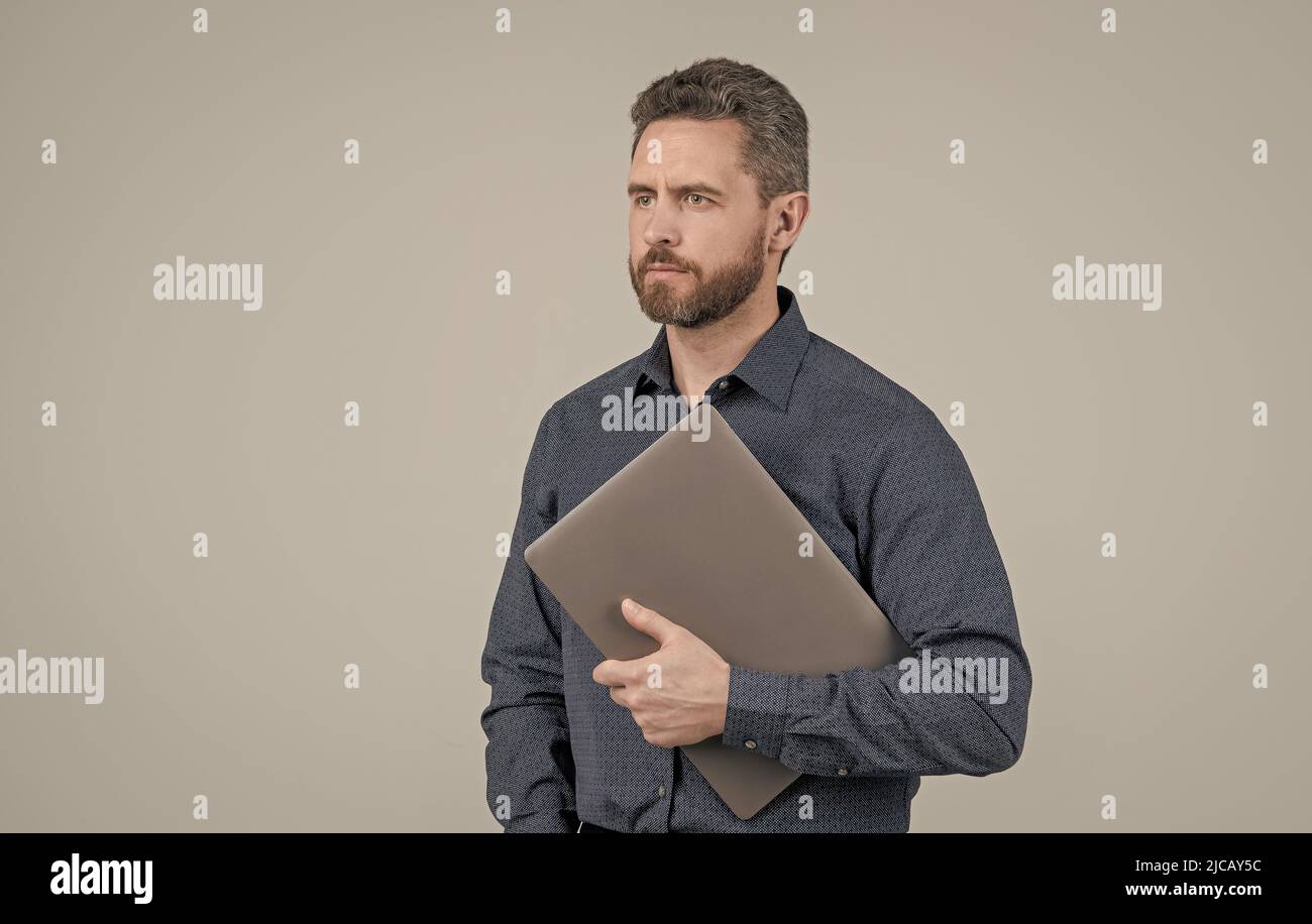 Virtual employee hold portable laptop computer for working online ...