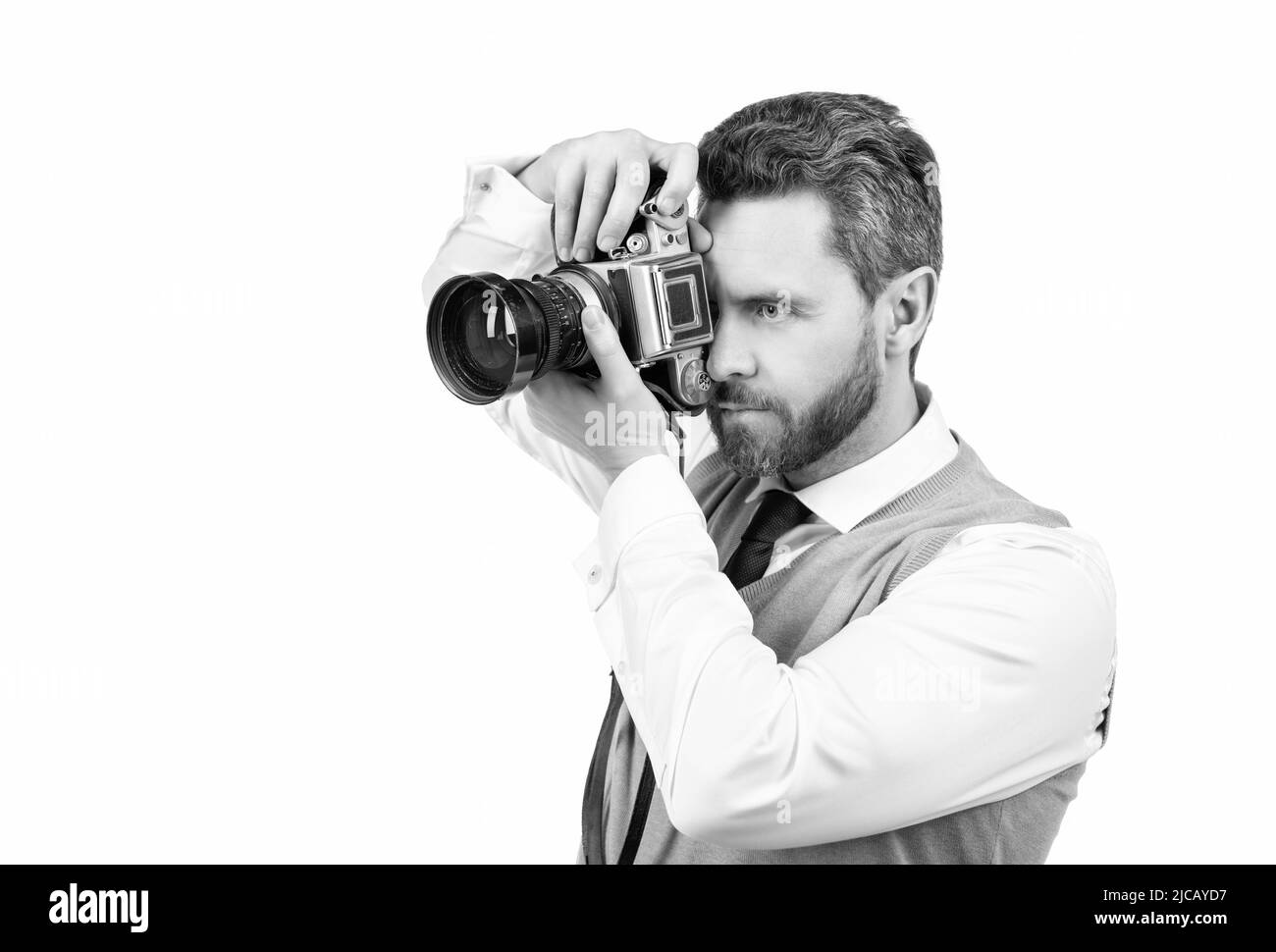 male photographer. copy space. man photographing. guy holding photo ...