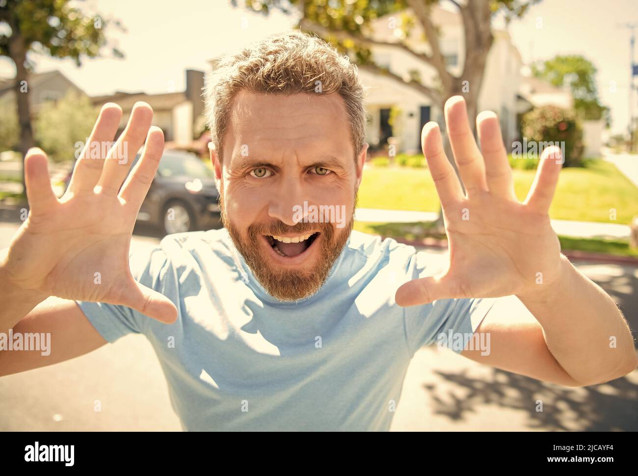 happy man outdoor. express positive emotions. smiling man with beard ...