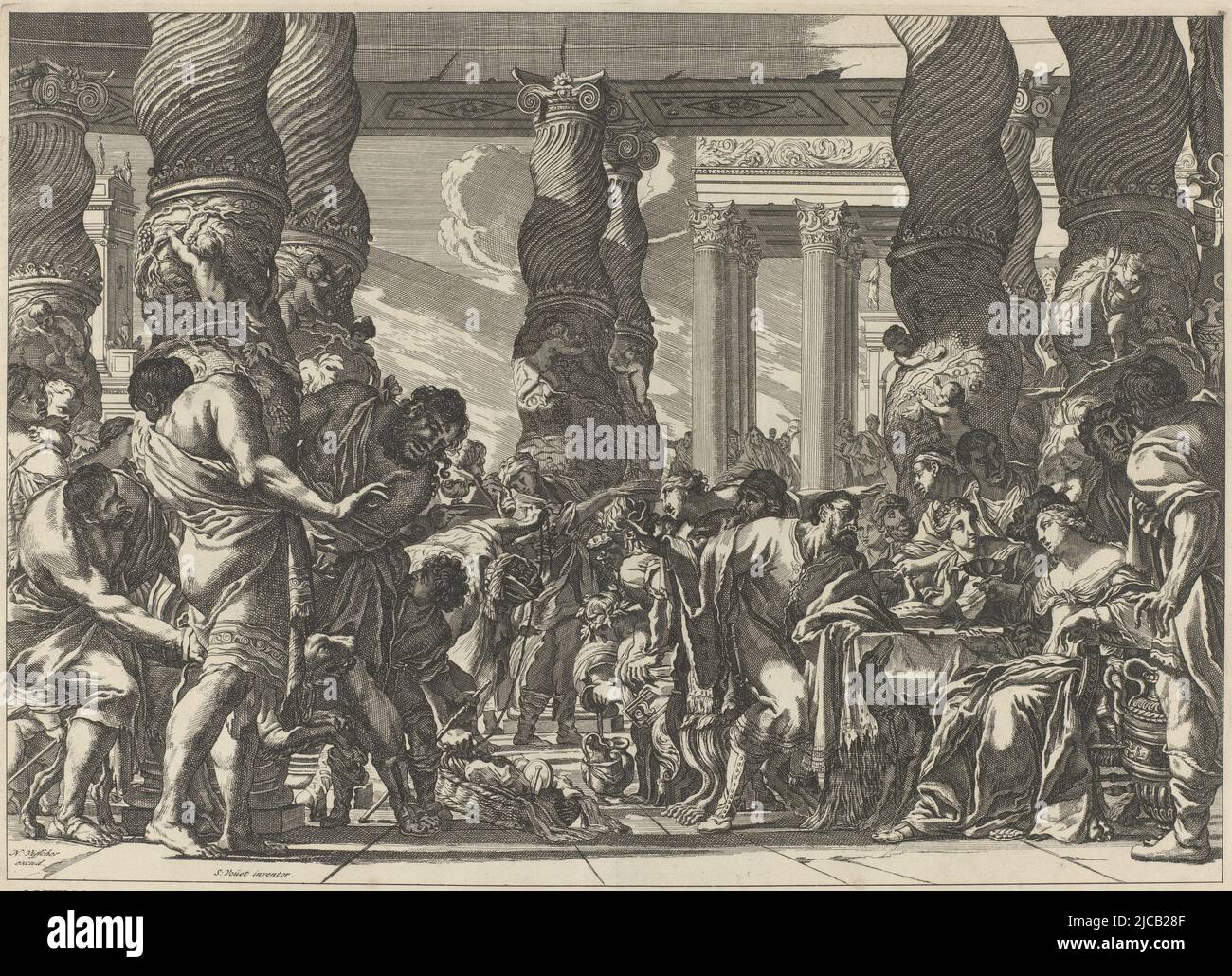 The blind Samson is tied to a column on the left at the feast of the ...