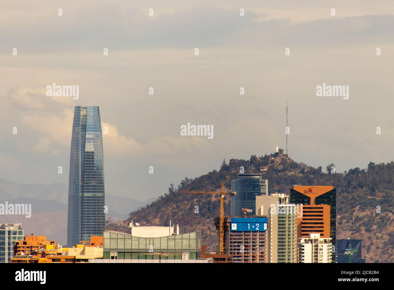 Aerial view of the city of Santiago with the mountains behind, Chile ...