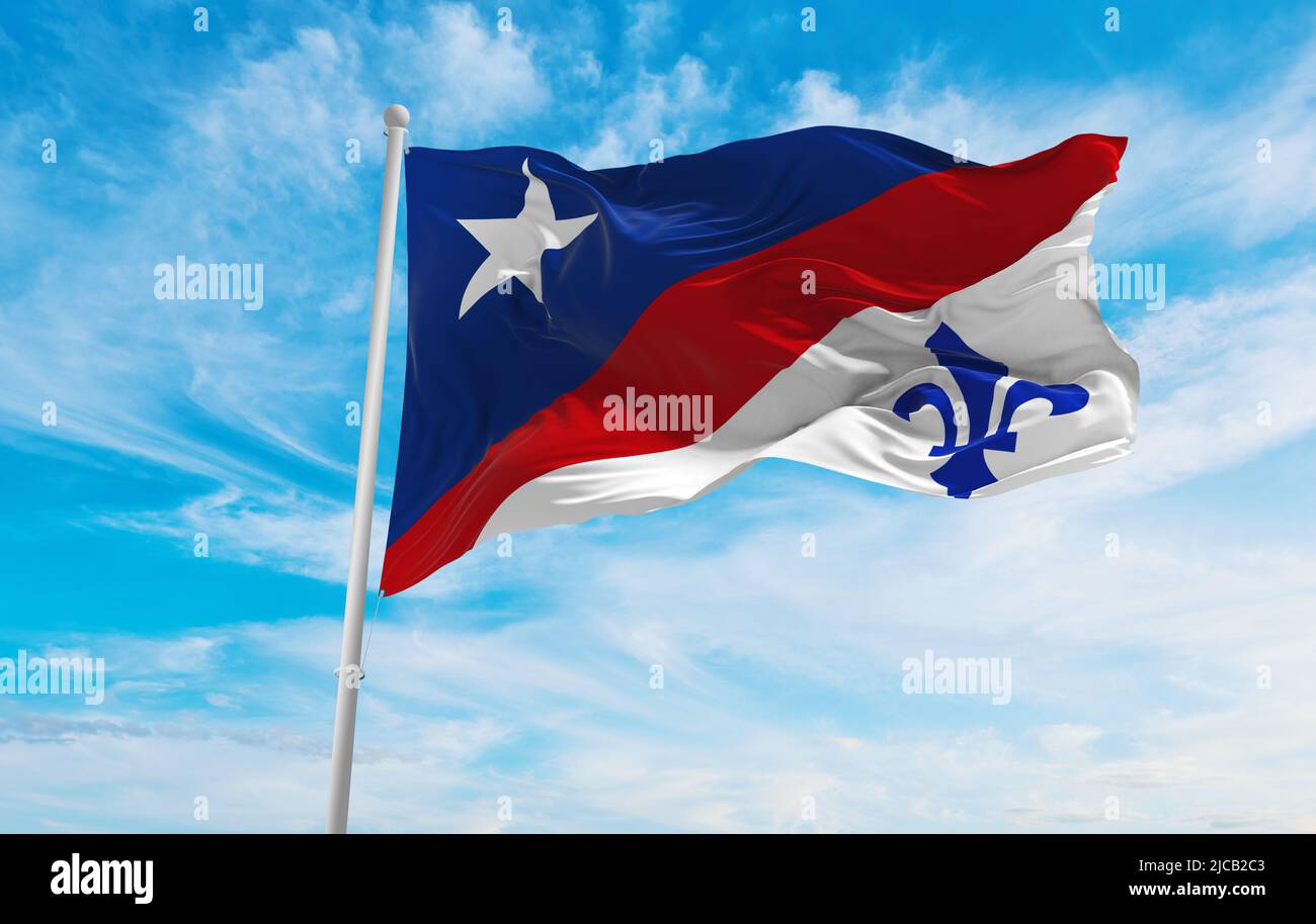 flag of Franco Americain, France at cloudy sky background on sunset ...