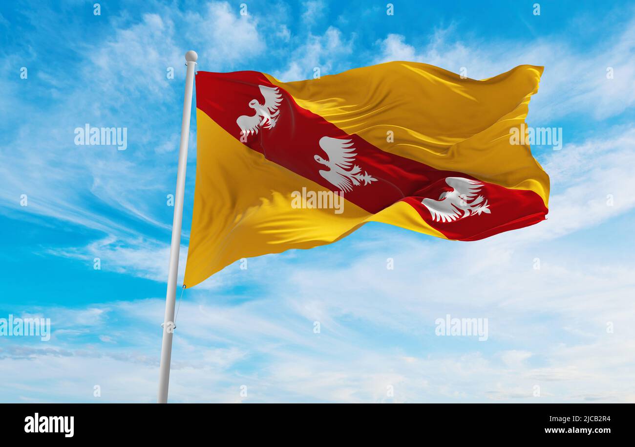 flag of Lorraine, France at cloudy sky background on sunset, panoramic ...