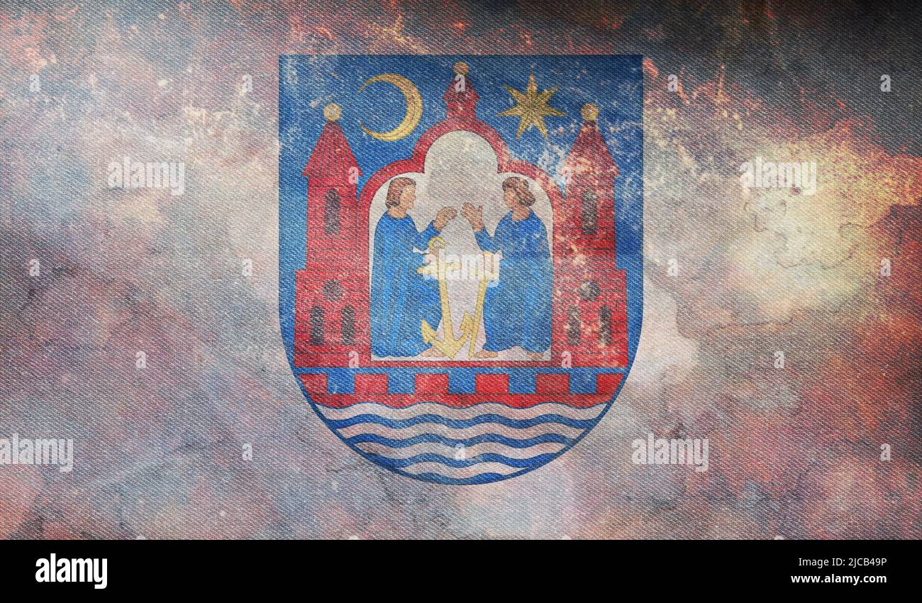 Top view of retro flag Aarhus, Denmark with grunge texture. Danish ...