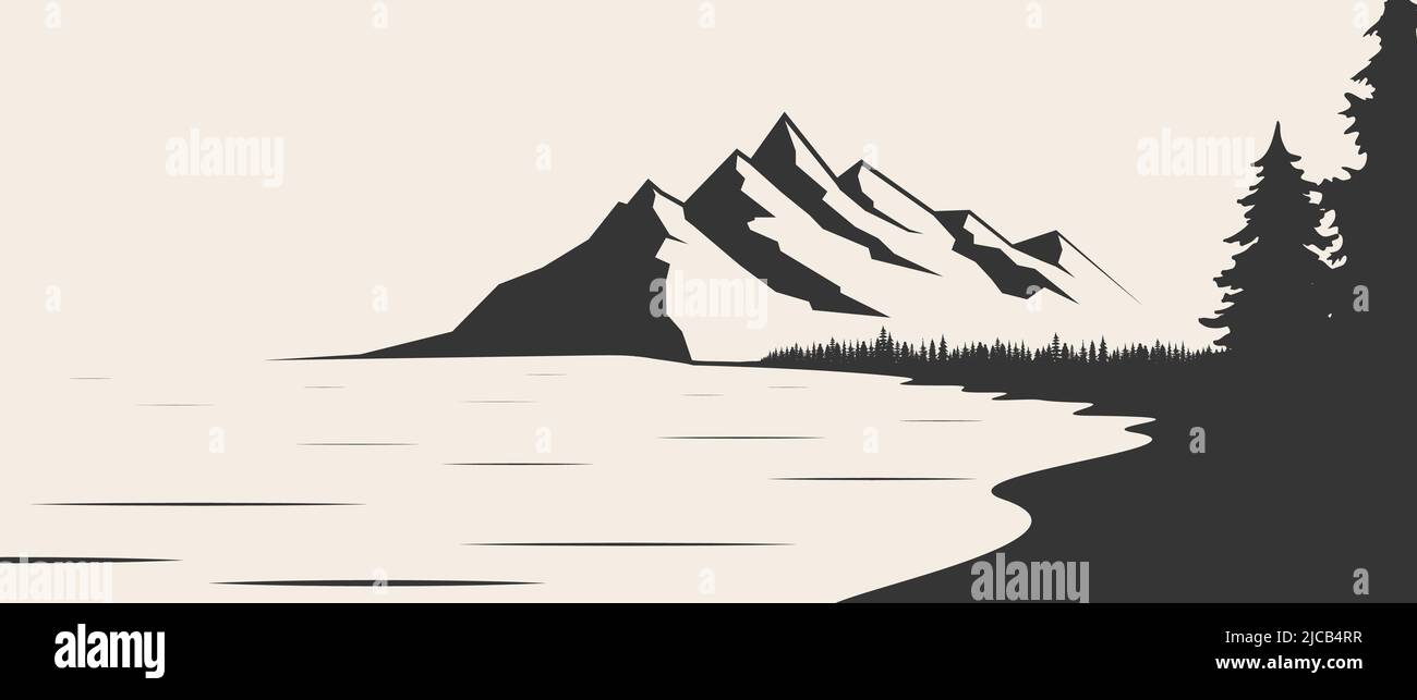 Mountain lake silhouette graphic art black white landscape illustration ...