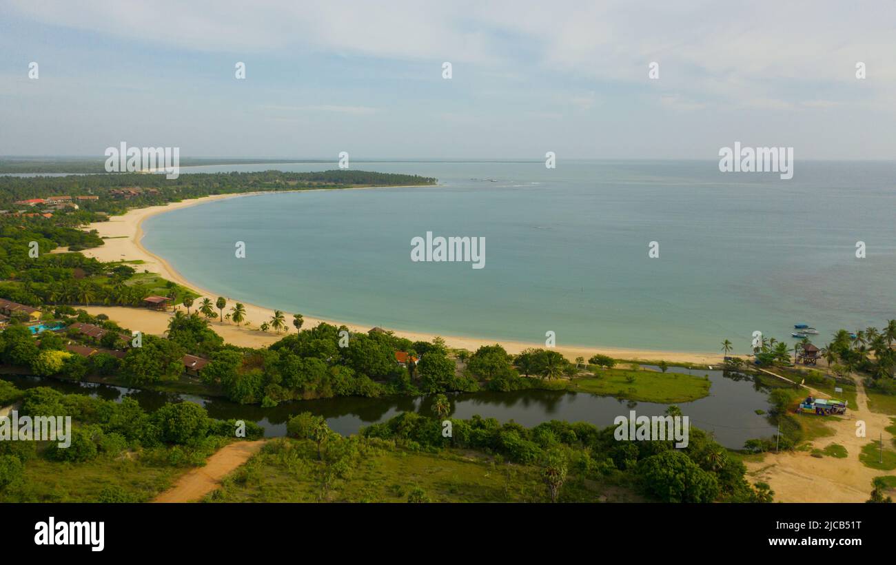 Beautiful sandy beach with palm trees and sea surf with waves. Pasikuda ...