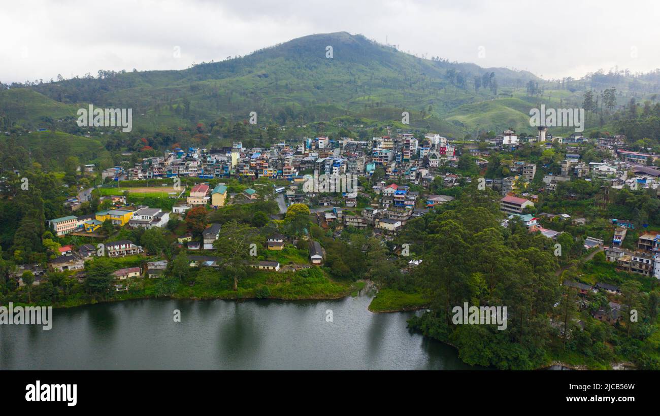 Top view of town of Maskeliya among the mountains and tea plantations ...