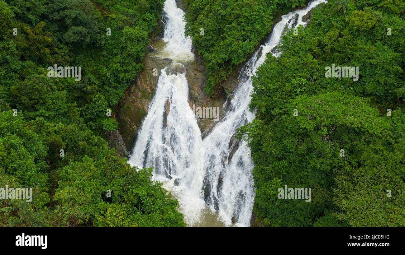 Waterfall in the mountains among the jungle. Diyagalla Ella Falls, Sri ...