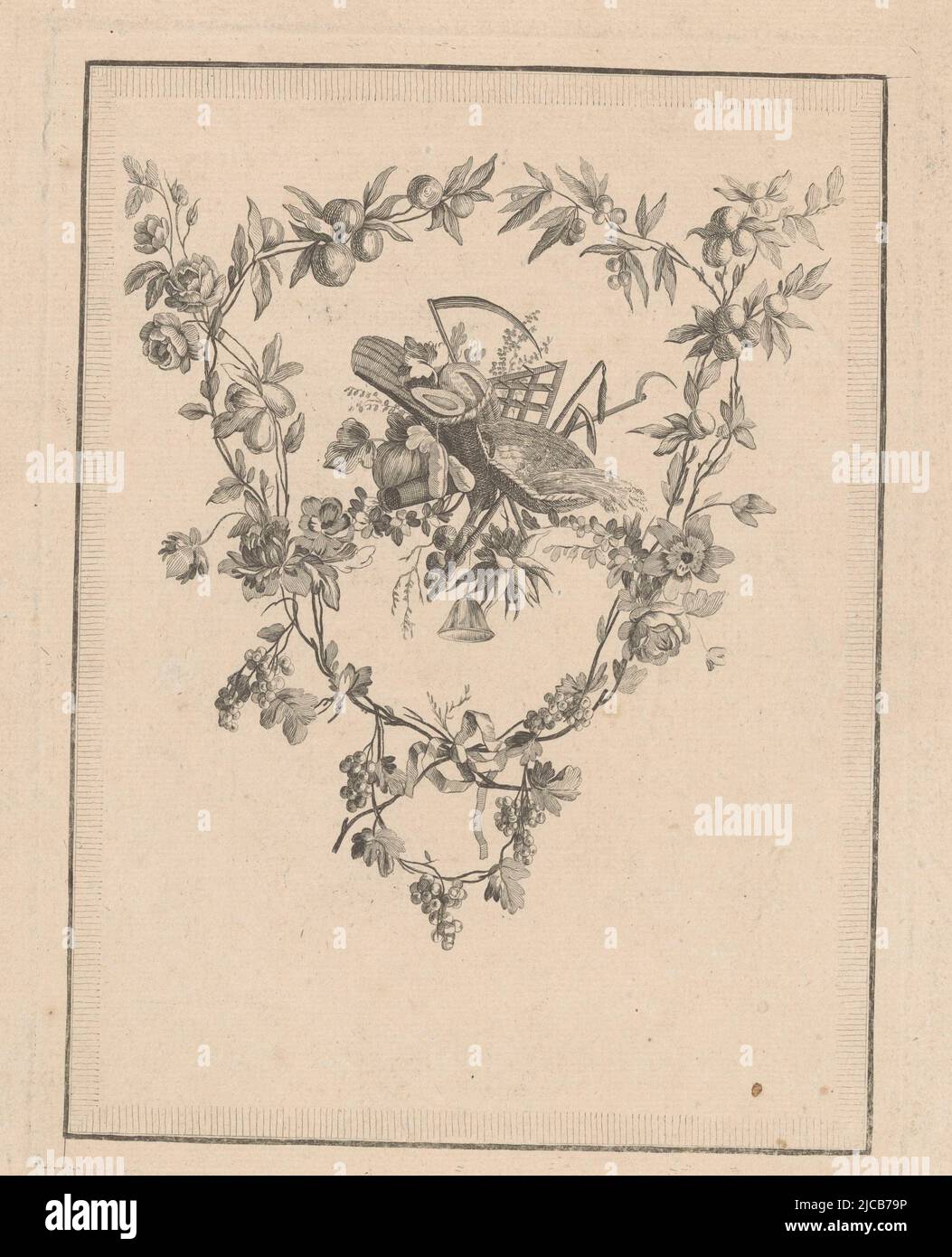 A trophy with agricultural objects including a scythe, a threshing ...