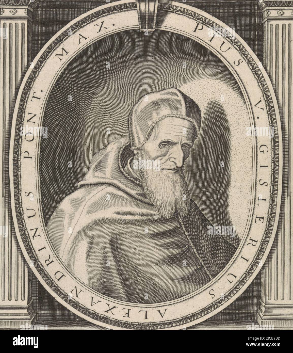 Portrait of Pope Pius V dressed in the papal robe, the head adorned ...