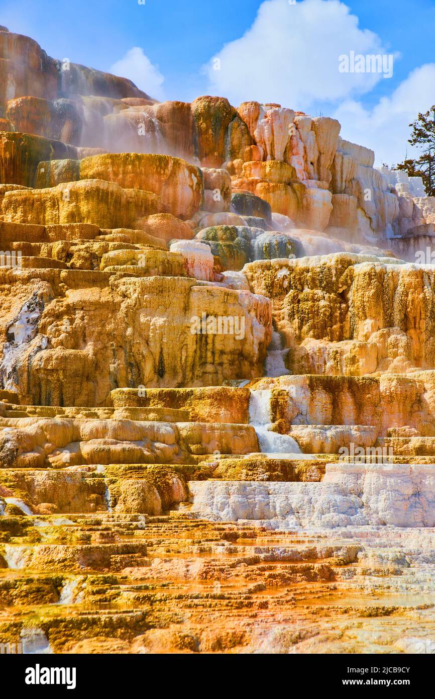 Small waterfalls over terraces at Yellowstone hot spring Devils Thumb ...