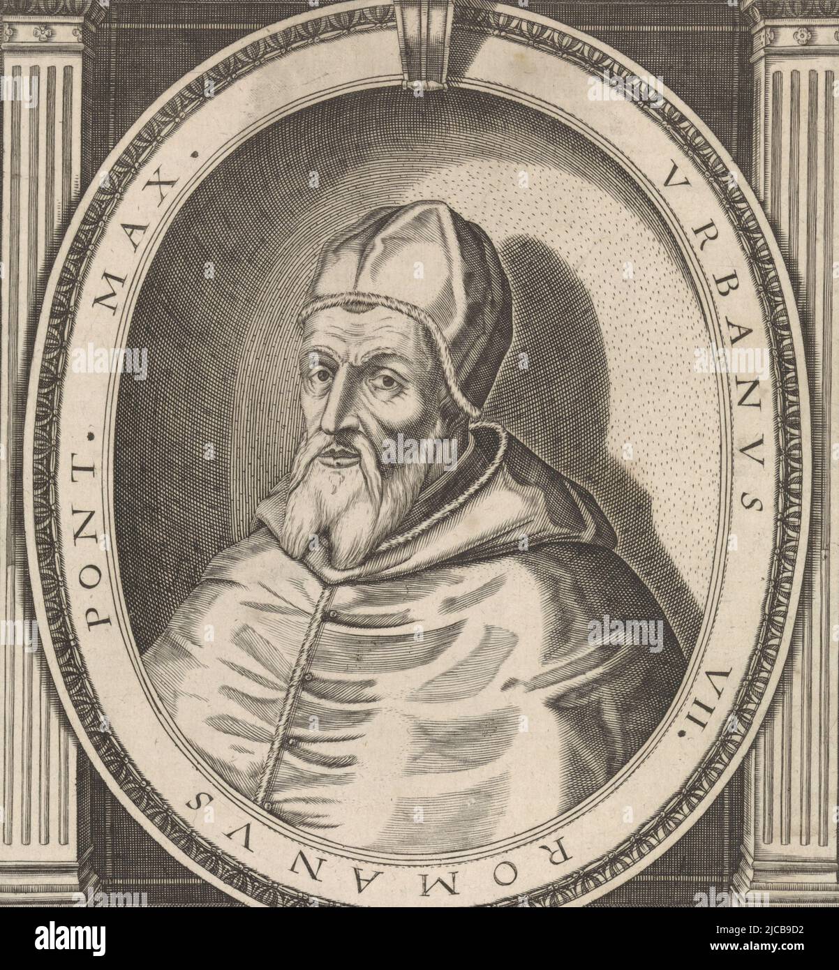 Portrait of Pope Urban VII clad in the papal robe, head adorned with a ...