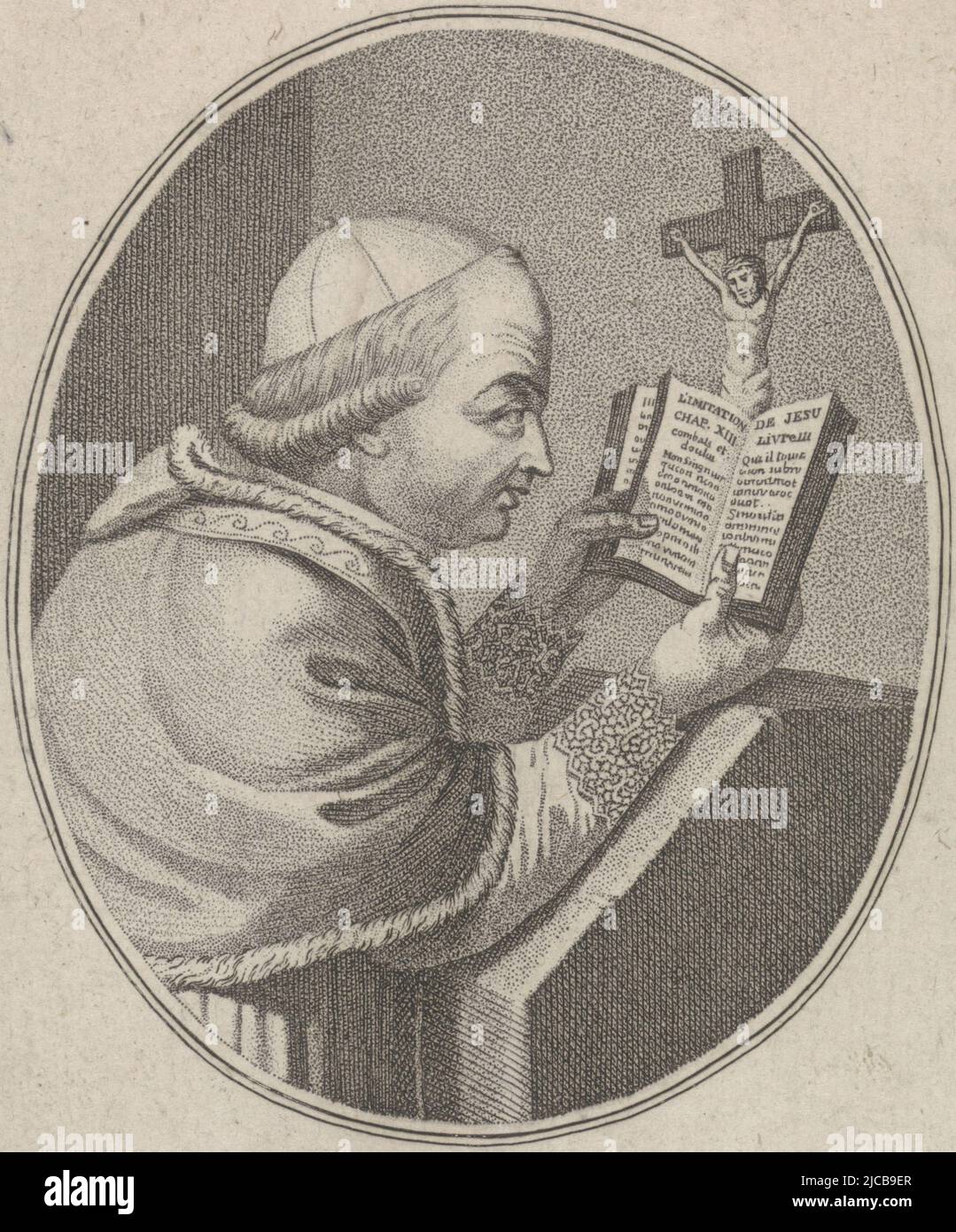 Pope Pius VI with prayer book in hands, at a lectern, above which is a ...