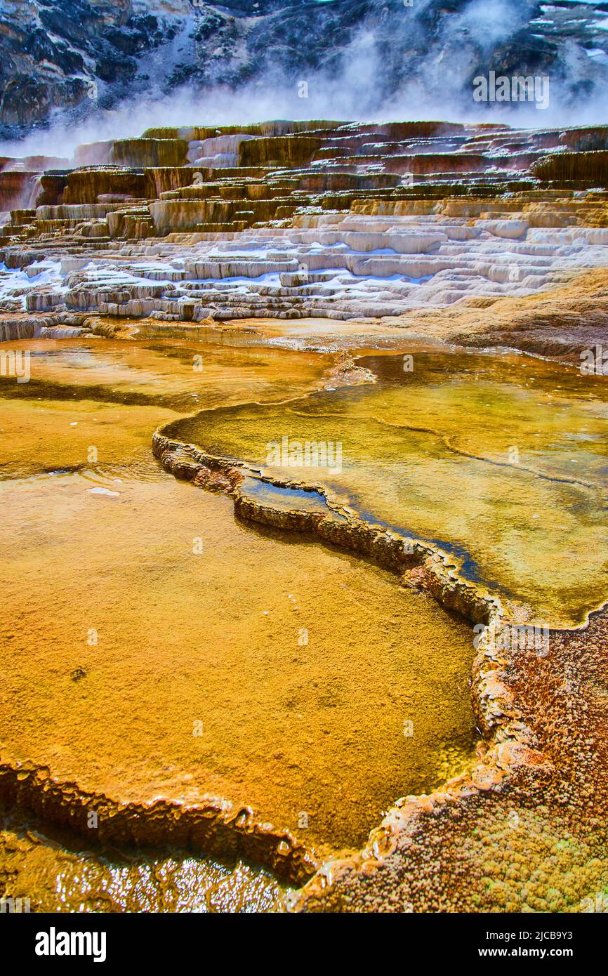 Terraces up close at Yellowstone with steamy hot springs Stock Photo ...