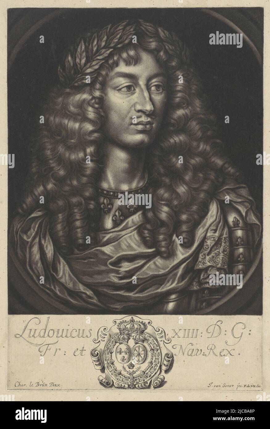 Louis XIV, King of France, in armor with a long curly wig and a laurel ...