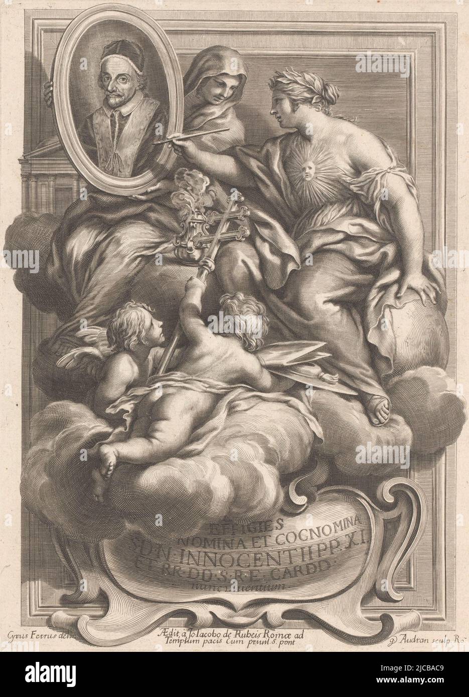 Representation with allegorical figures on a cloud A figure with laurel ...