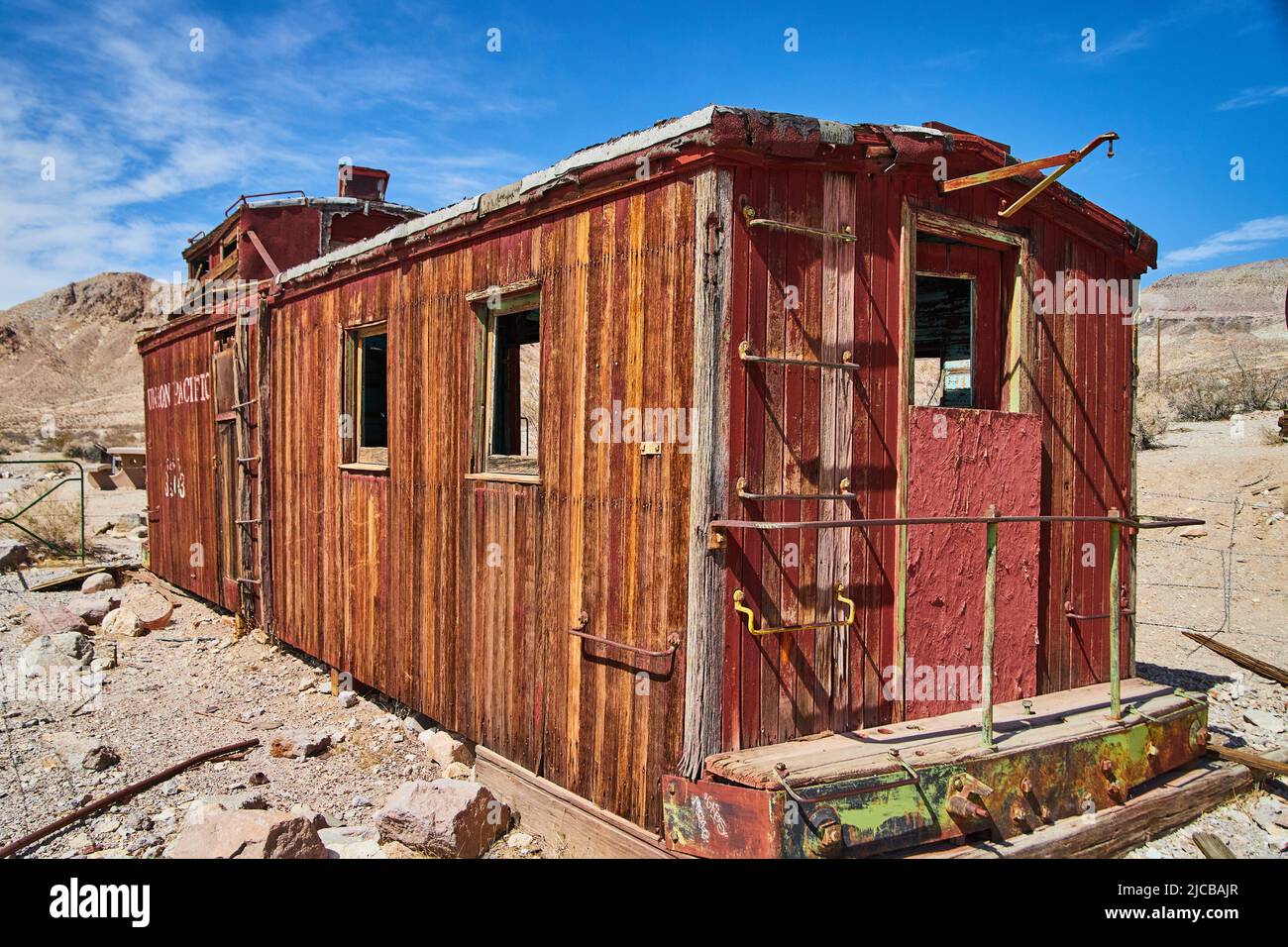 Rhyolite Ghost town abandoned train Stock Photo - Alamy