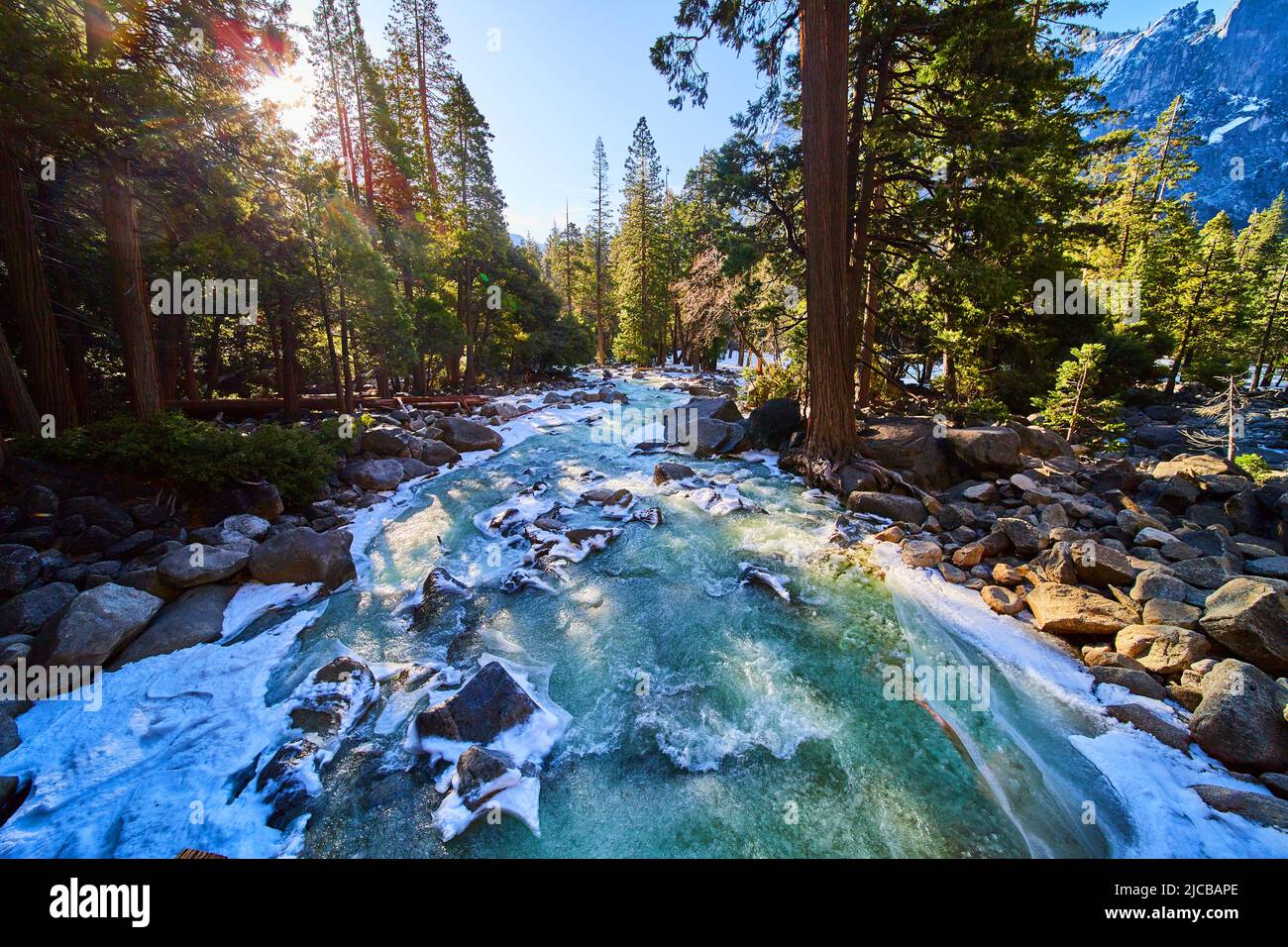 Stunning Yosemite rivers in early April with frosted rocks and icy ...