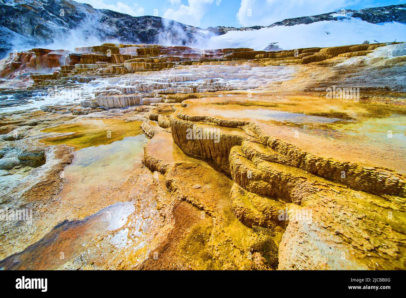 Stunning Yellowstone hot springs landscape with detailed terrace layers ...