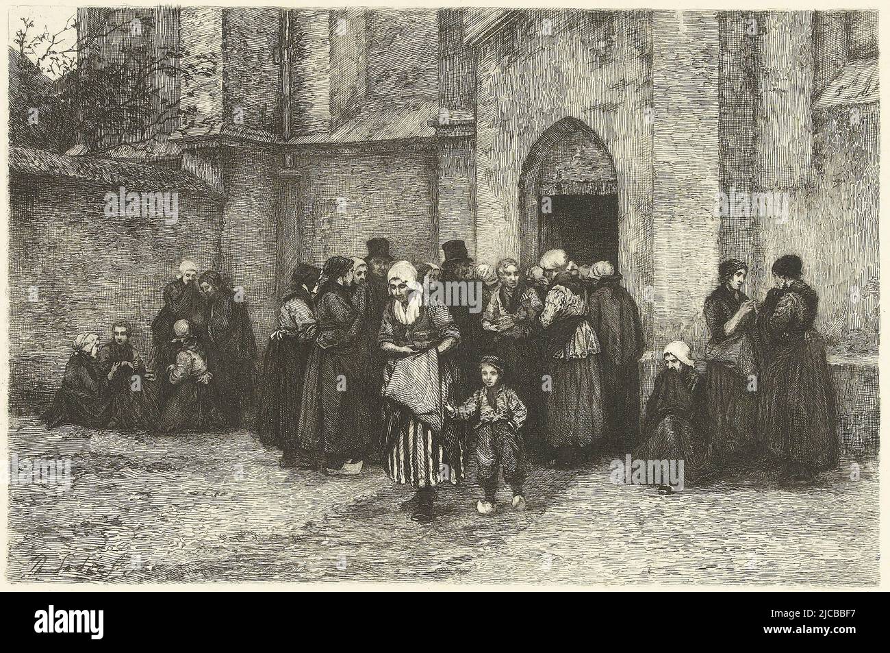Poor men and women at a church porch In foreground a mother walks with ...
