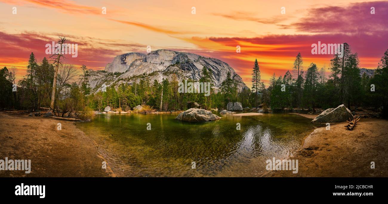 Panorama of iconic Yosemite Half Dome from Mirror Lake at dawn Stock ...
