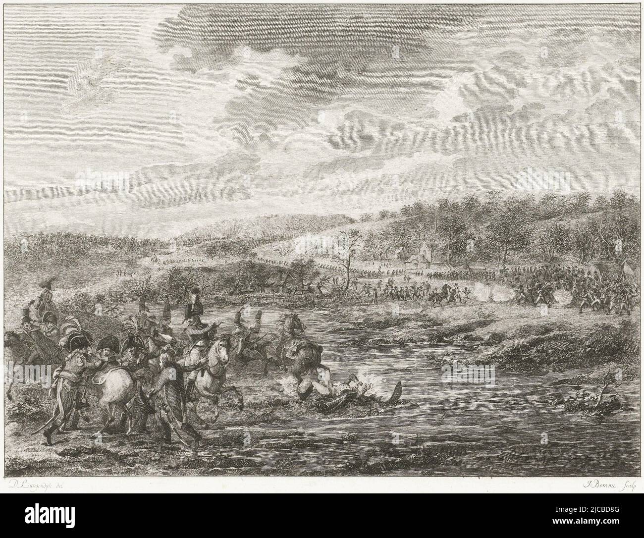 A group of French soldiers on horseback flee through a river On the ...