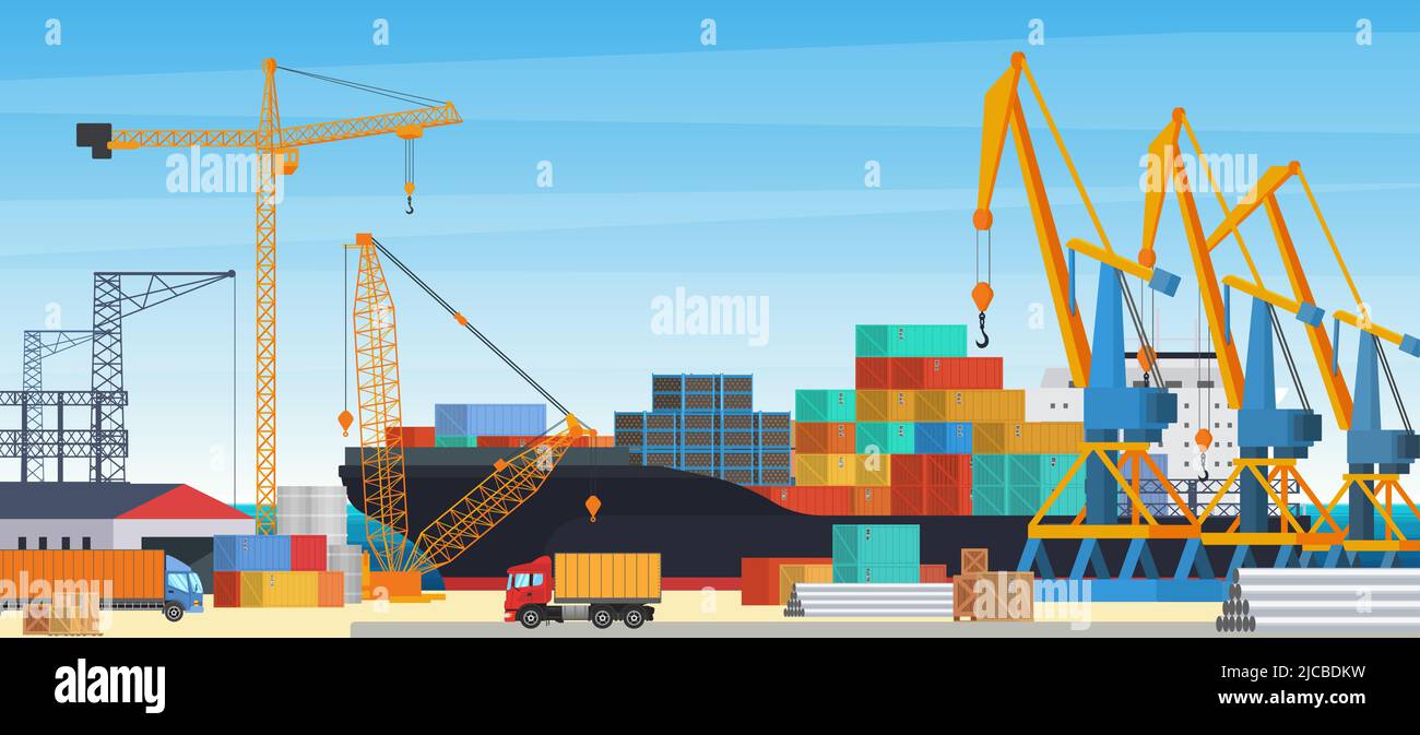 Cargo ship logistics in seaport vector illustration. Cartoon crane ...