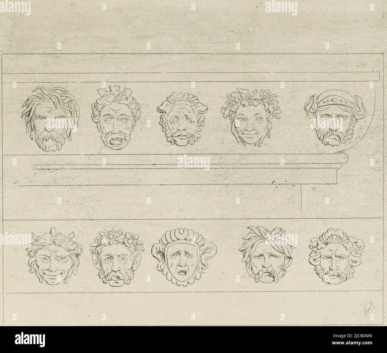 Above five masks on a frieze Below five masks, Ten masks, print maker ...
