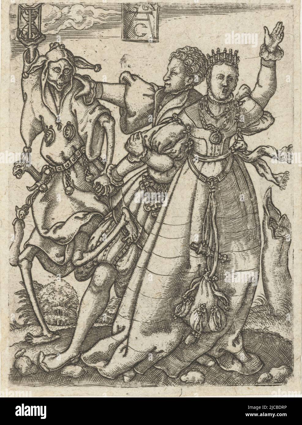 Print from a series of seven Death dressed as jester is pushed away by ...