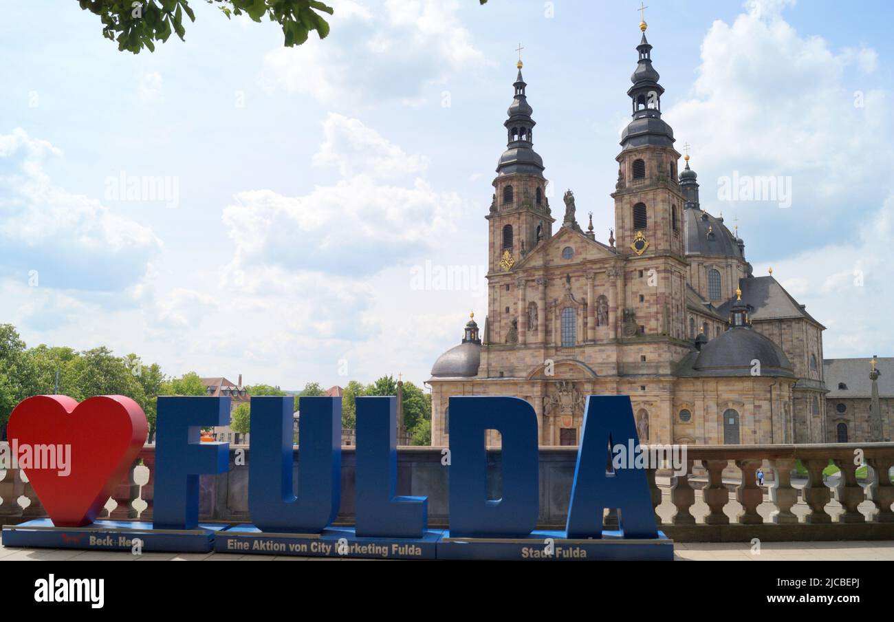 'FULDA' sign in the forefront, Fulda Cathedral, 18th-century Baroque ...