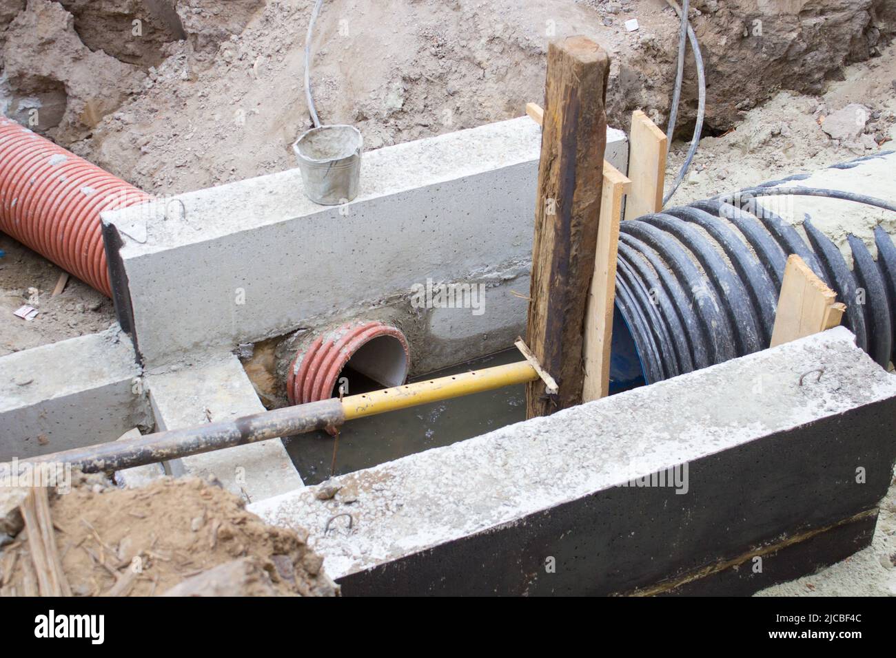 corrugated pipes for electrical cables and a cockpit in concrete in the ...