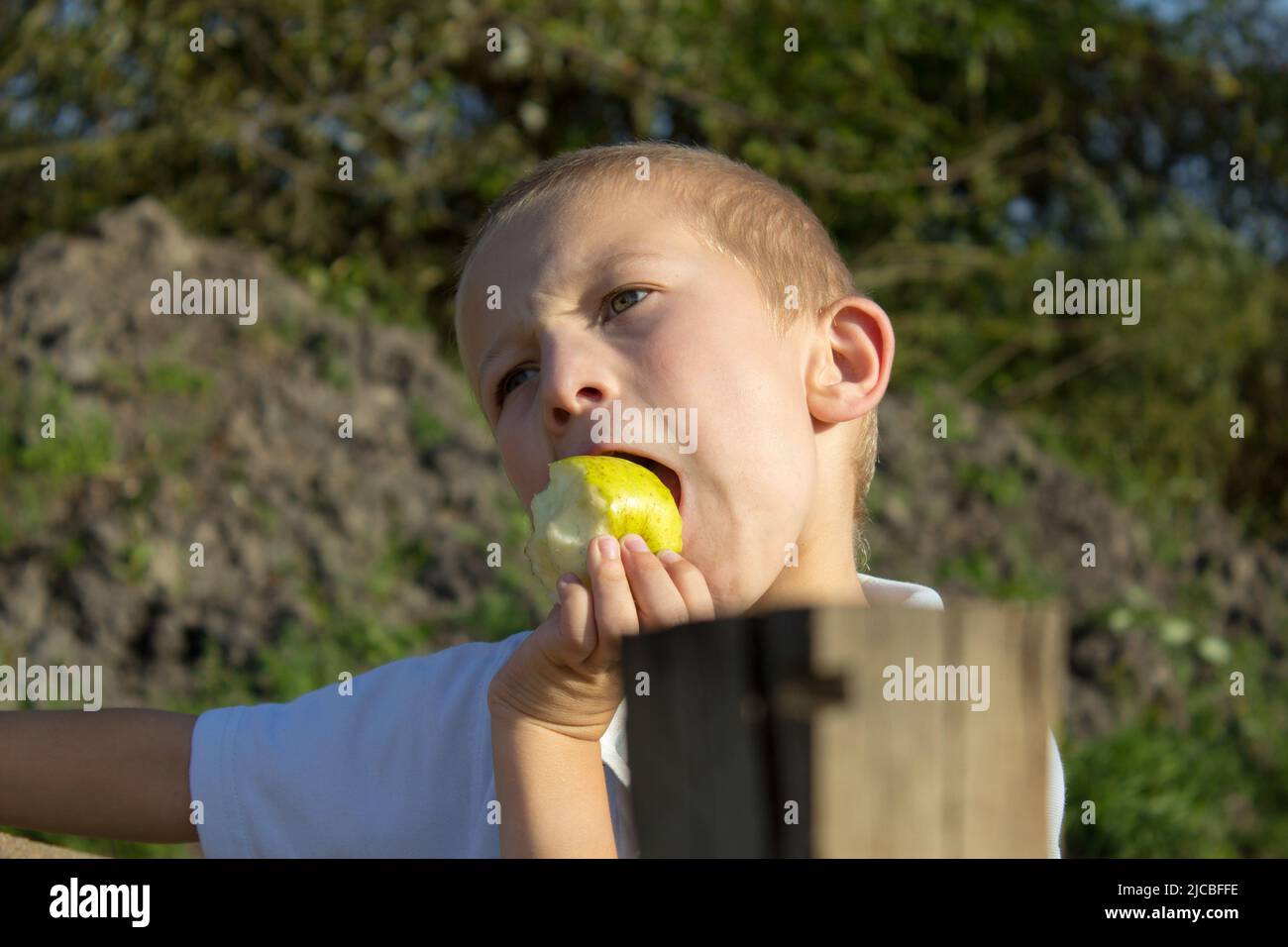 baby biting apple in the village by a fence Stock Photo - Alamy