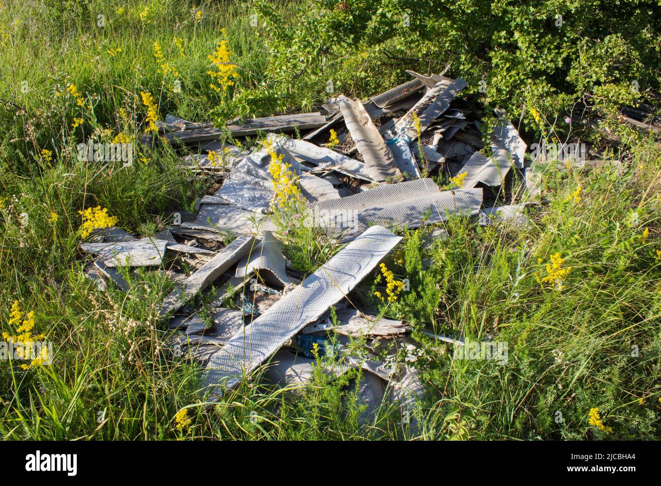 broken pieces of old slate lying on the grass polluting the environment ...