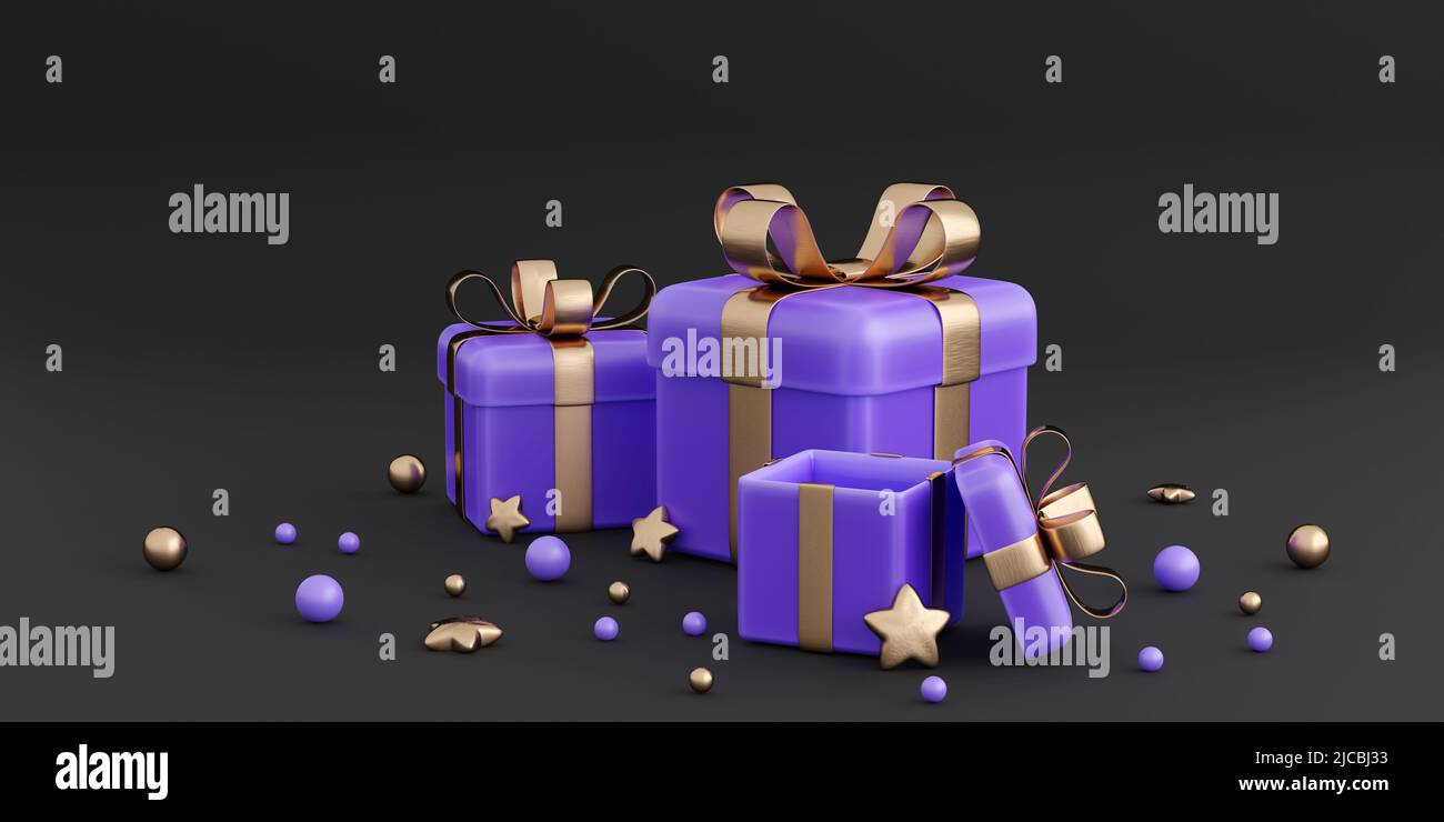 Realistic violet gift box with golden ribbon bow background. Concept of ...