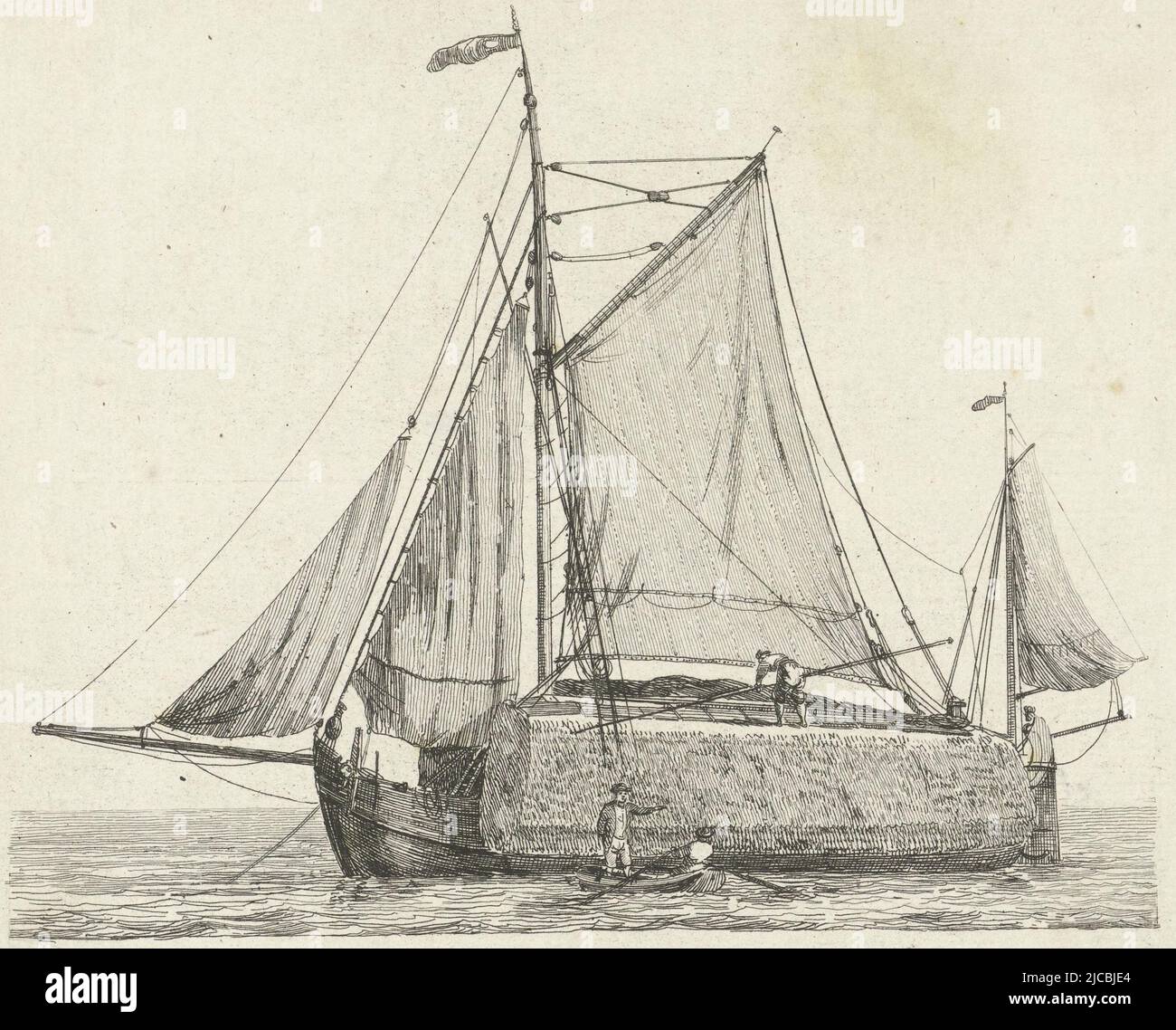 A hay barge with a load of hay on which a hunched figure is standing ...