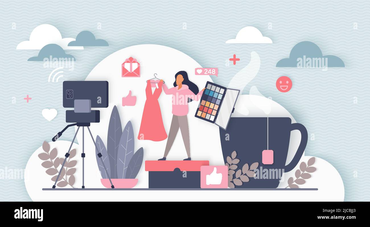 Beauty cosmetics, style and makeup vlogging. Tiny vlogger with dress ...