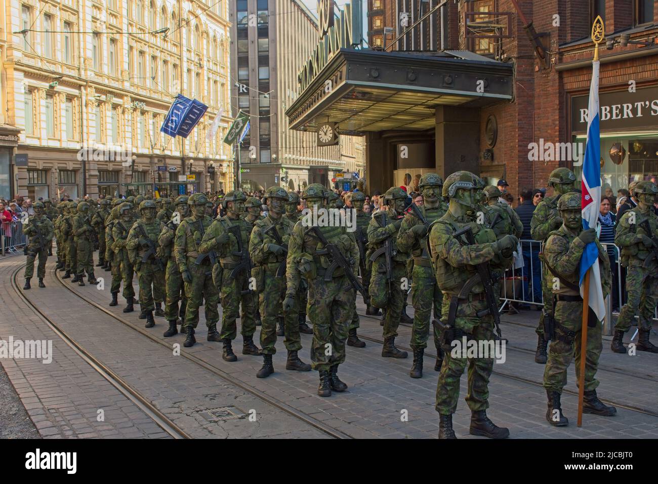 Camouflaged troops on Aleksanterinkatu street at National Parade on the ...