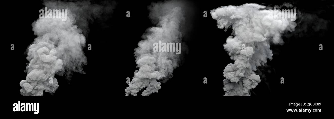 3 white carbon smoke columns from urban fire on black, isolated ...
