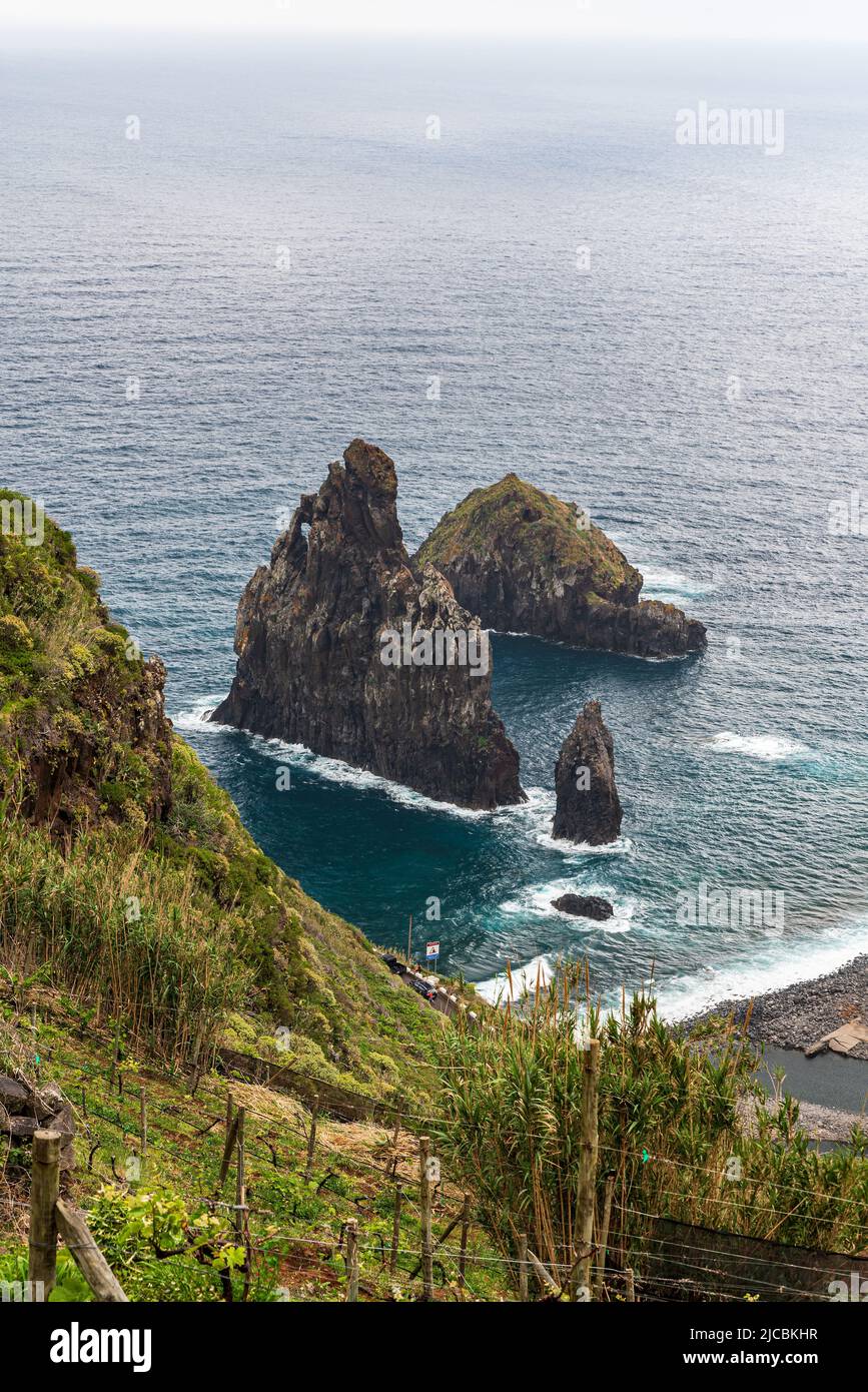 Ilehsu da Ribeira da Janela isles in Madeira island during cloudy day ...